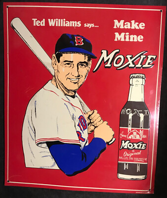 Vintage Ted Williams says Make Mine Moxie Cola Desperate Sign Co Tin ...