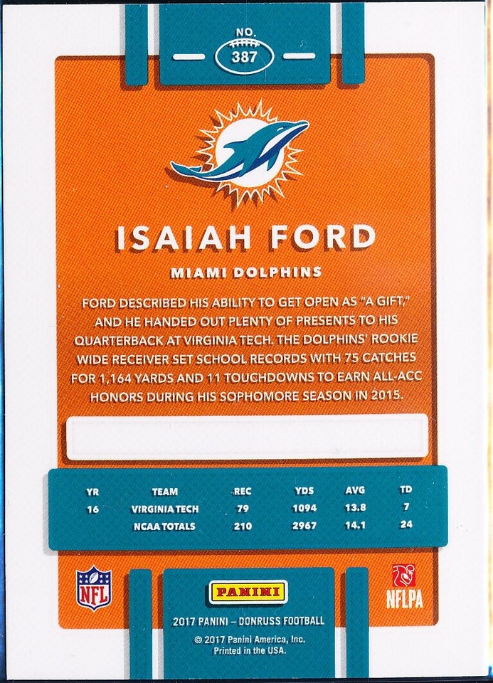 Isaiah Ford - Miami Dolphins - 2017 Panini Donruss Football - RC - #387 ...