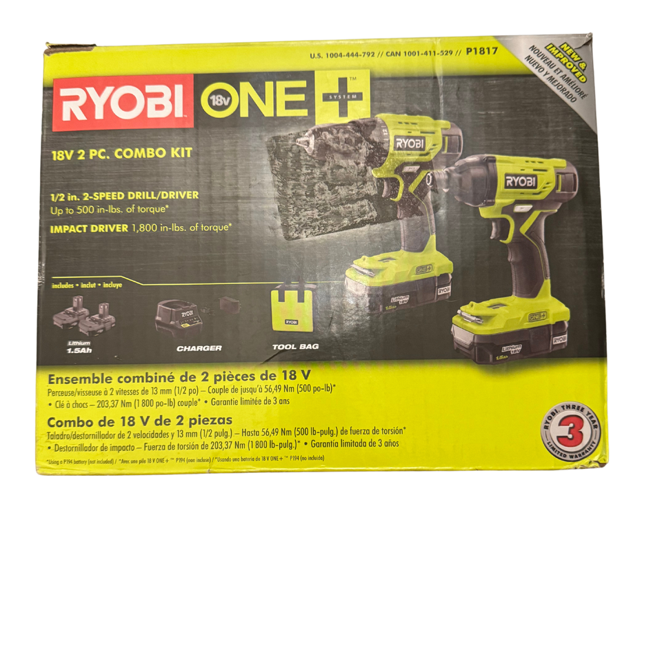 RYOBI P1817 ONE+18V Cordless1/2 Drill 1/4 I 2 Tool Kit 1/2 Drill 1/4 ...