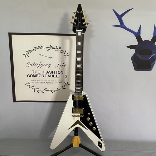 6-Strings White Flying V Electric Guitar Solid Strings Thru Body Gold ...