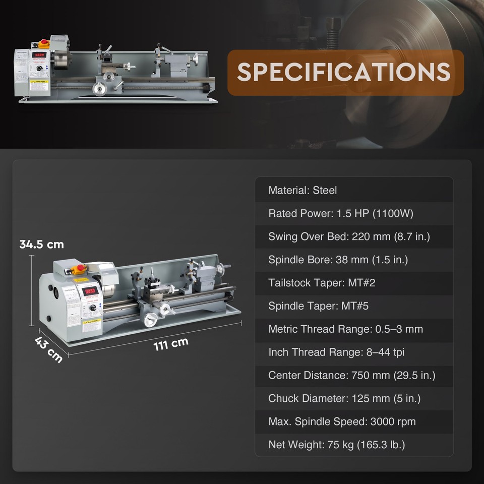 8.7"x29.5" Mini Metal Lathe Machine Metalworking 1100W 3000rpm 3-Jaw ...