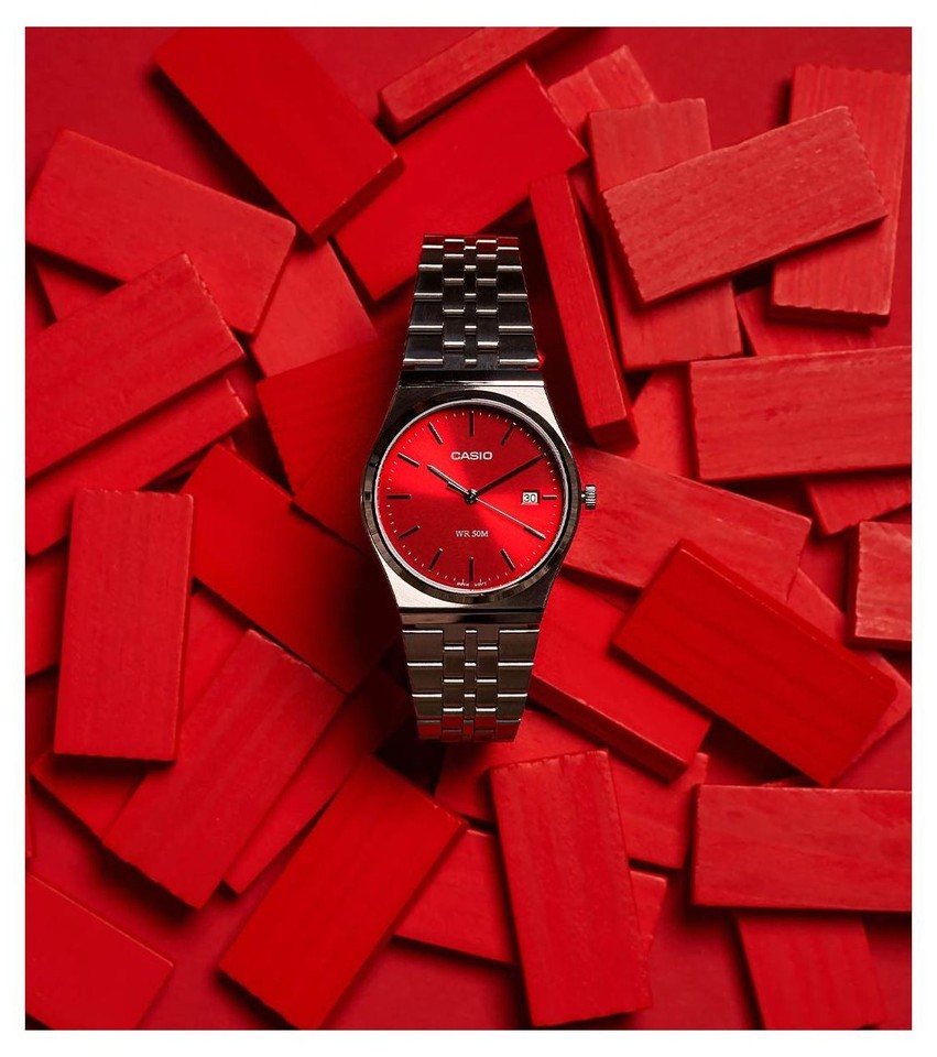 Casio MTP Series Analogue Quartz (35mm) Cherry Red Sunray Dial / | eBay