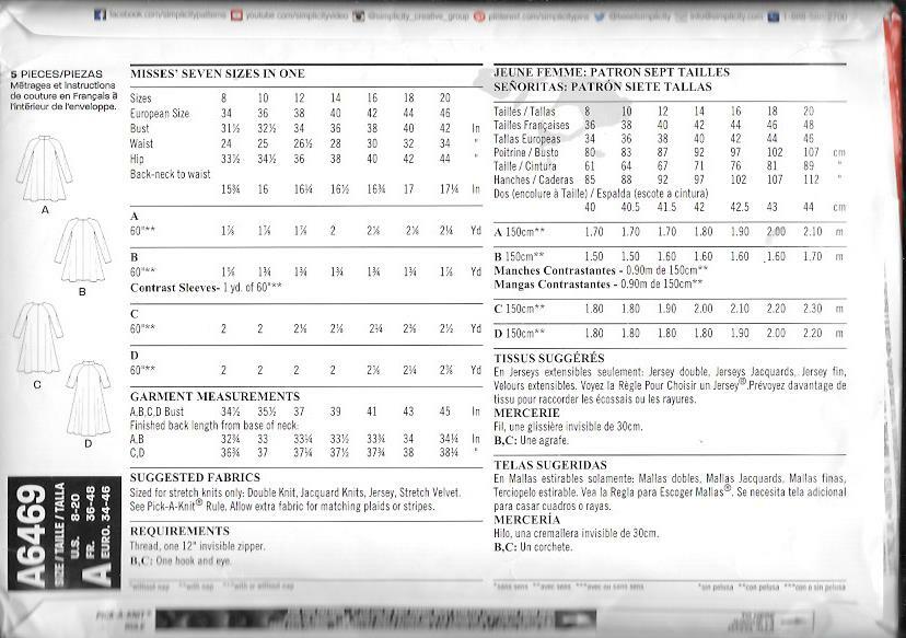 Butterick New Look #6469 Trapeze Dress w /Raglan Sleeves SZ 8-20 ...