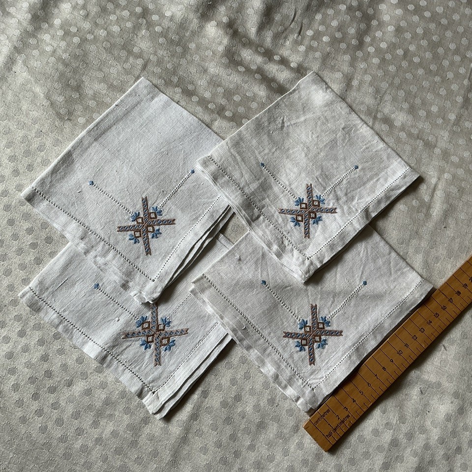 VINTAGE SET 4 LINEN HAND EMBROIDERED AFTERNOON TEA NAPKINS | eBay UK