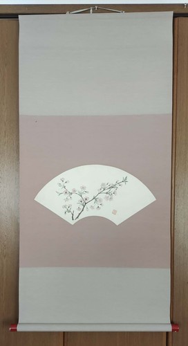 Japanese Hanging Scroll Fan-shaped Hand-painted Sakura (early Showa) # ...