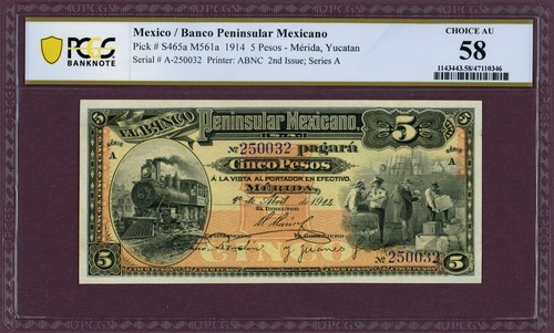 1914 Mexico Banco Peninsular Mexicano 5 pesos AU 58 PCGS (L0639) | eBay