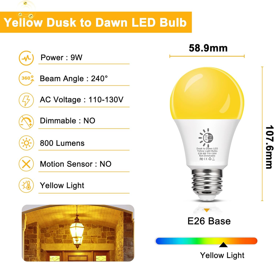 Dusk to Dawn Bug Light Bulb Outdoor - 60W Equivalent A19 Yellow LED Bug ...
