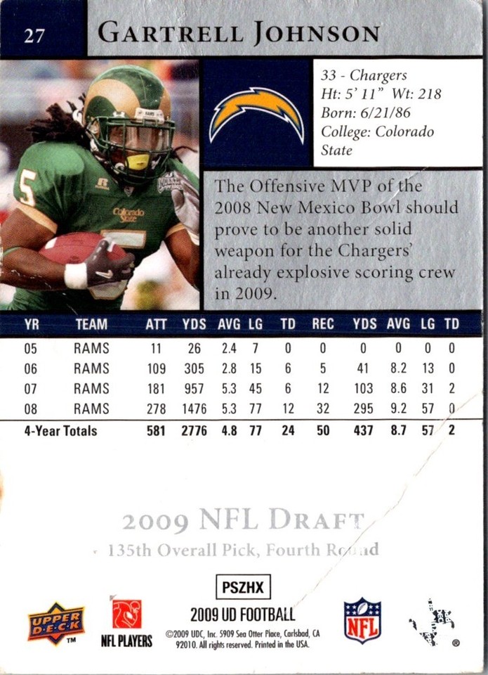 2009 Upper Deck Rookie Exclusives Gartrell Johnson #27 San Diego ...