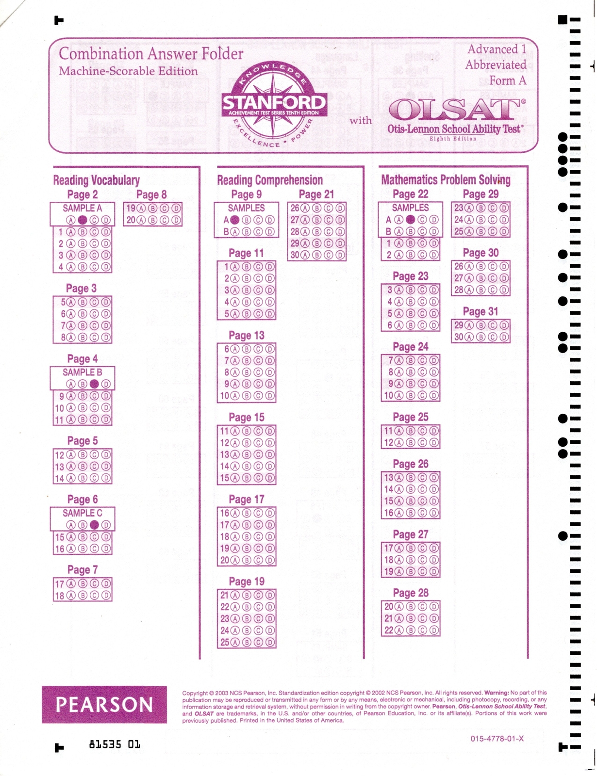 Stanford 10 SAT10 ADVANCED 1 Form A Abbr w/OLSAT ~ READ CAREFULLY ~ Qty ...