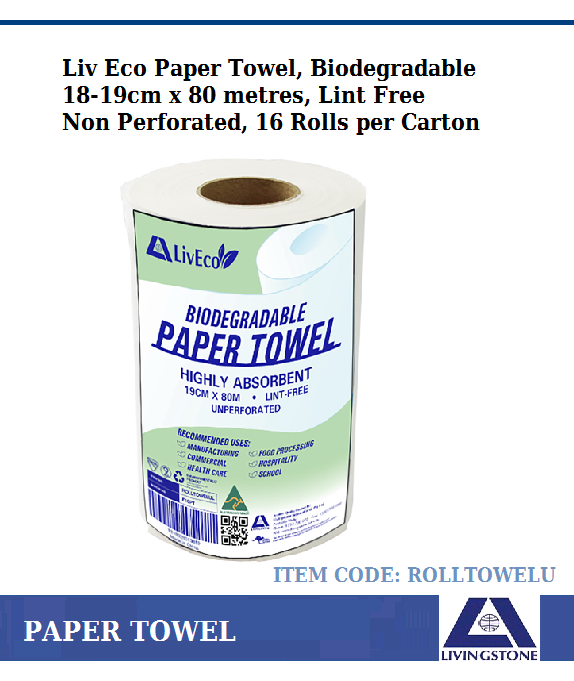 Liv Eco Paper Towel Biodegradable 18-19cmx80m Lint Free 16 Rolls/Carton ...