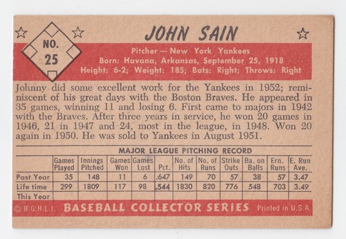 1953 Bowman Black & White #25 Johnny Sain New York Yankees Baseball ...