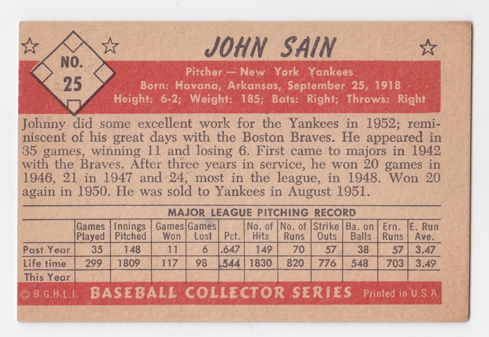 1953 Bowman Black & White #25 Johnny Sain New York Yankees Baseball ...