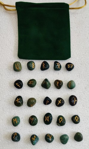 Green Jade Rune Stone Set - 25 Elder Futhark Runes with Velvet Pouch ...