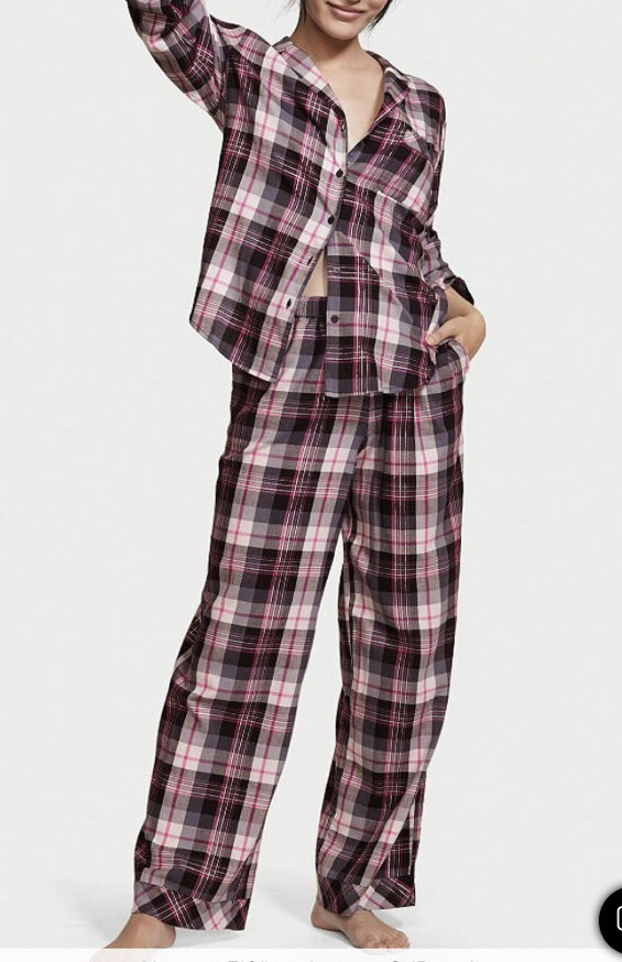 Victoria’s Secret Pajama Set Pink Black XL long Sleeve Cotton flannel ...