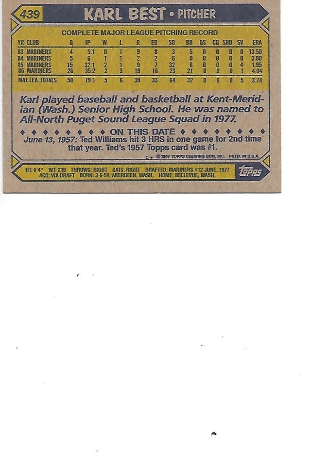 Karl Best 1987 Topps Baseball Card #439 Mariners NM | eBay