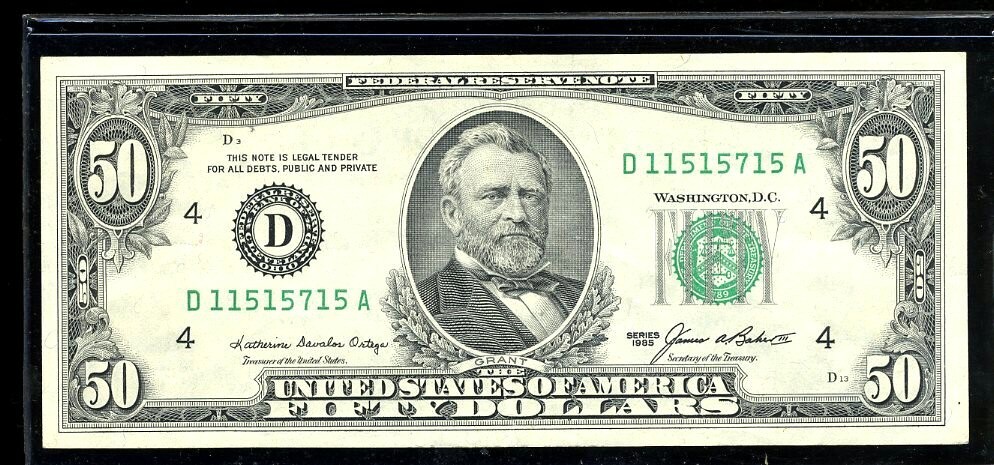 50 Dollar Bill 1985 OLD NOTE UNCIRCULATED FRN DA BLOCK PAPER CURRENCY ...