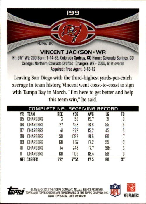 Vincent Jackson 2012 Topps Chrome Orange Refractor #199 Parallel ...