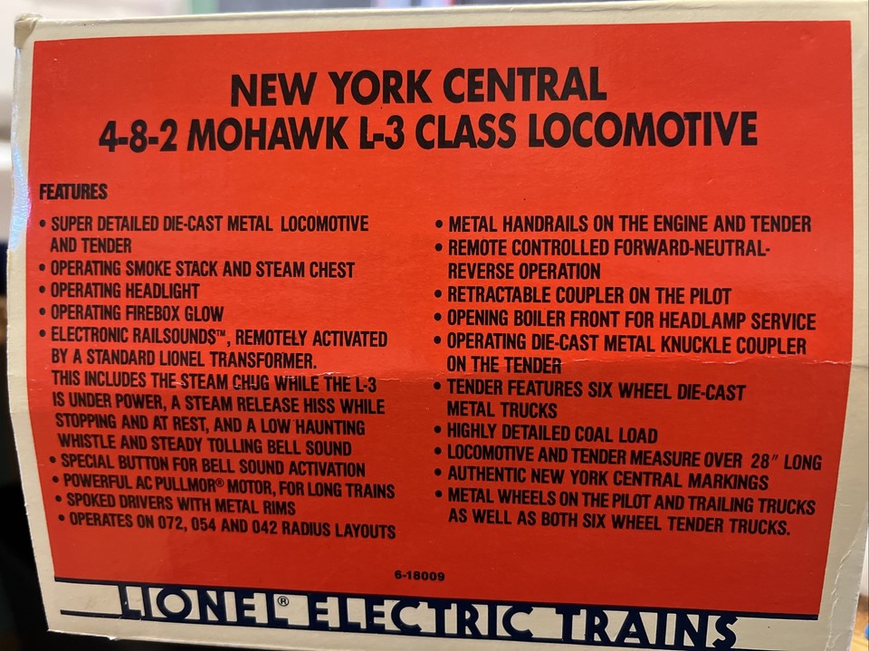 LIONEL 6-18009 NEW YORK CENTRAL 4-8-2 MOHAWK L-3 LOCOMOTIVE/TENDER “O ...