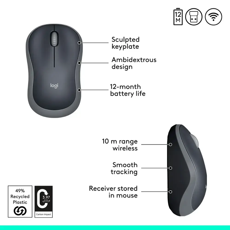 Logitech M185 Wireless Optical Ambidextrous Mouse - Wireless - Swift ...