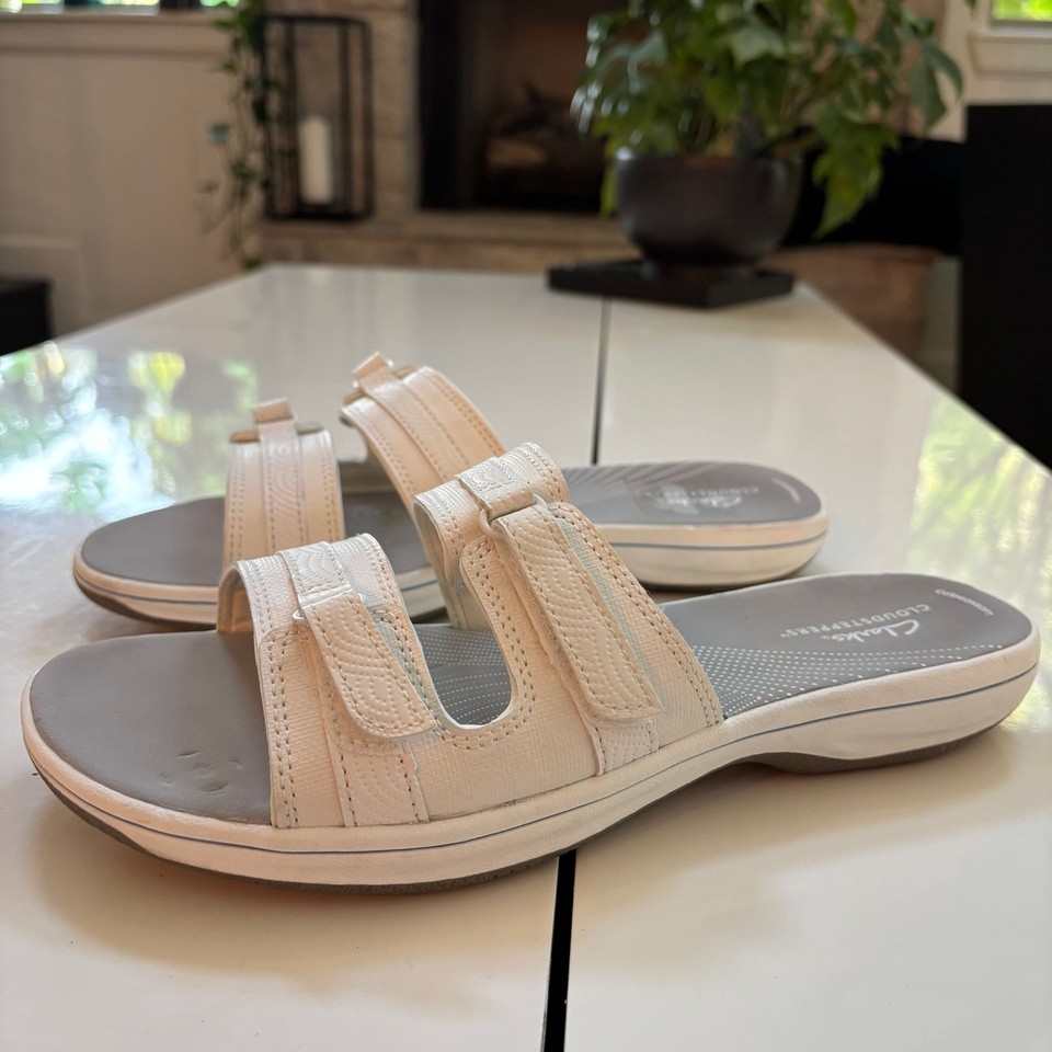 Clarks Cloudsteppers Breeze Piper White Adjustable Slide Sandals | eBay