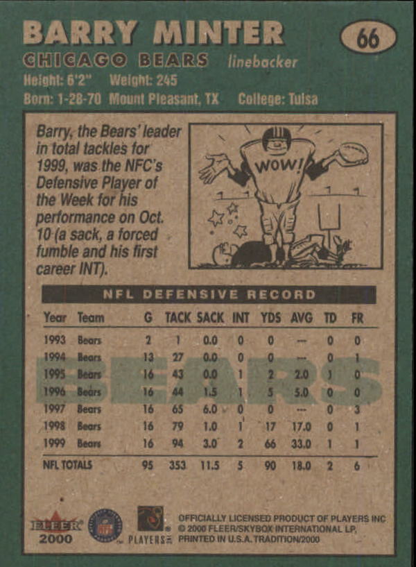 2000 Fleer Tradition Football Card #66 Barry Minter | eBay