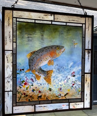 One Of A Kind Custom Stained Glass "Rising Trout" Nature Scene Hanging ...