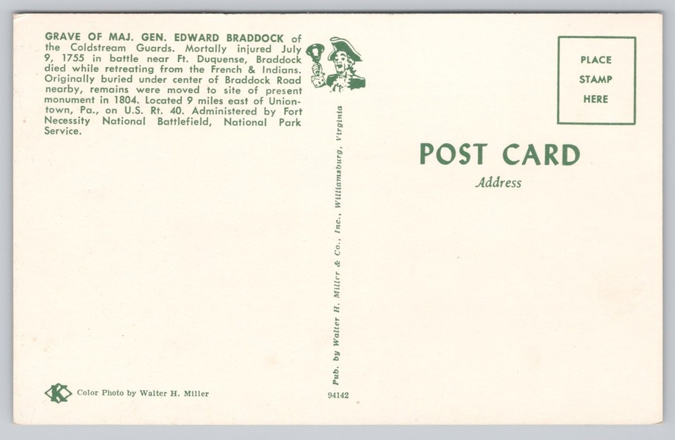 Postcard GRAVE OF MAJ. GEN. EDWARD BRADDOCK Coldstream Guards Uniontown ...