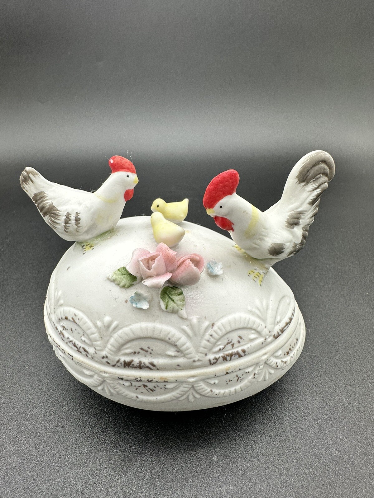 Easter Trinket Egg Chicken Rooster Hen Chicks Flowers Japan Lefton See ...