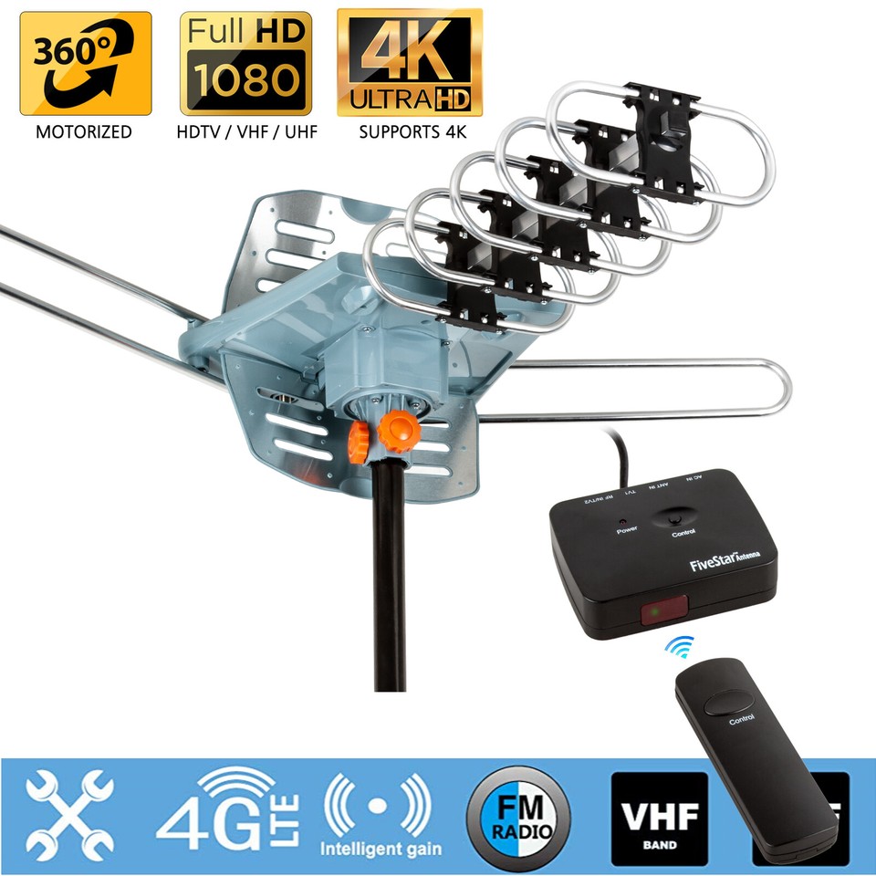 200Mile Outdoor TV Antenna Motorized Amplified HD TV 1080P VHF/UHF 360 ...