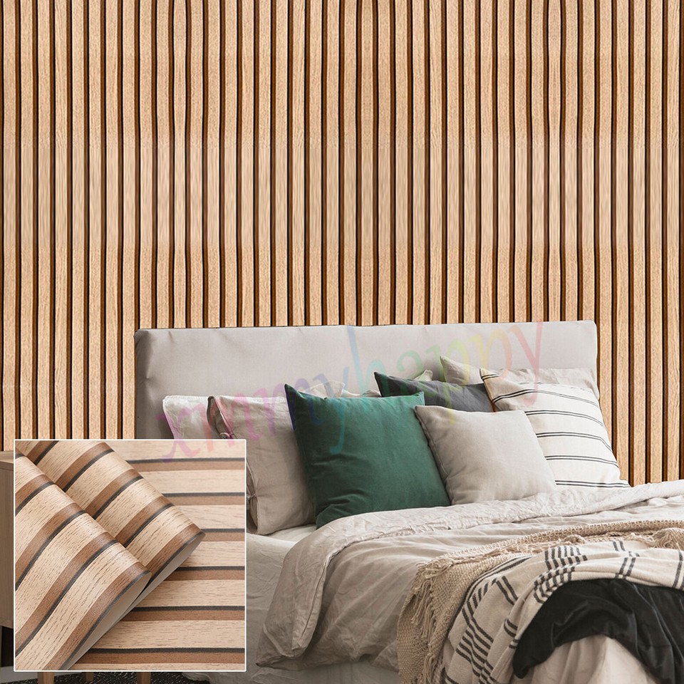 Wooden Slat Panelling Wallpaper 3D Wood Panel Effect Stripe Home Room ...