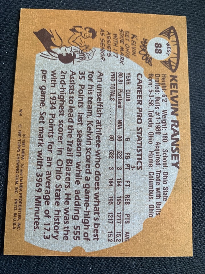 1981-82 Topps Basketball #88 Kelvin Ransey Rookie RC Portland Trail ...