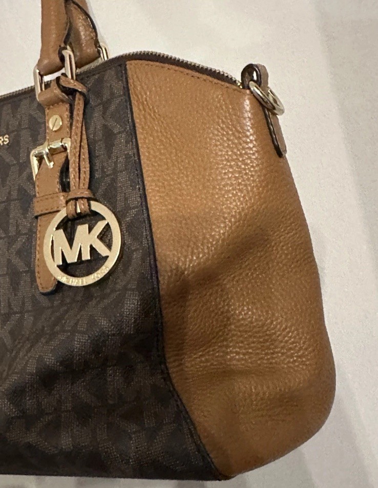 MICHAEL KORS Brown Leather Riley Signature Logo Top Zip Satchel | eBay