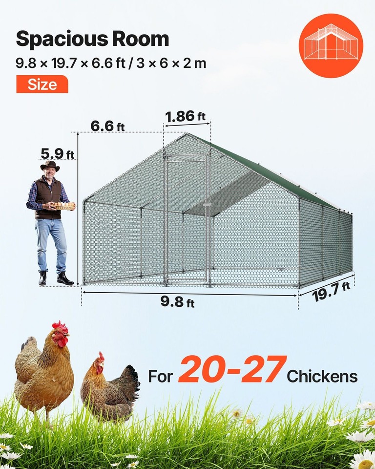 9.8x19.6x6.5ft Farm-Grade Chicken Run w/ Reinforced Mesh, Roof & Secure ...