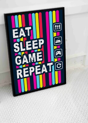 RETRO GAMING ARCADE EAT SLEEP GAME REPEAT POSTER QUOTE ART PRINT A3 A4 ...