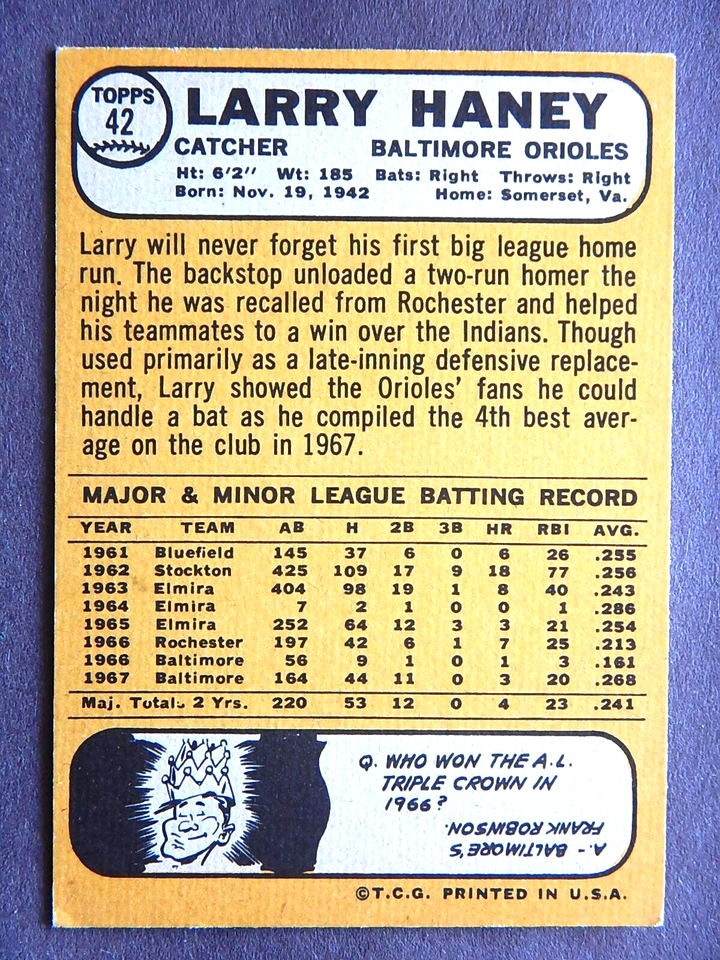 Larry Haney #42 Topps 1968 Baseball Card (Baltimore Orioles) *VG | eBay