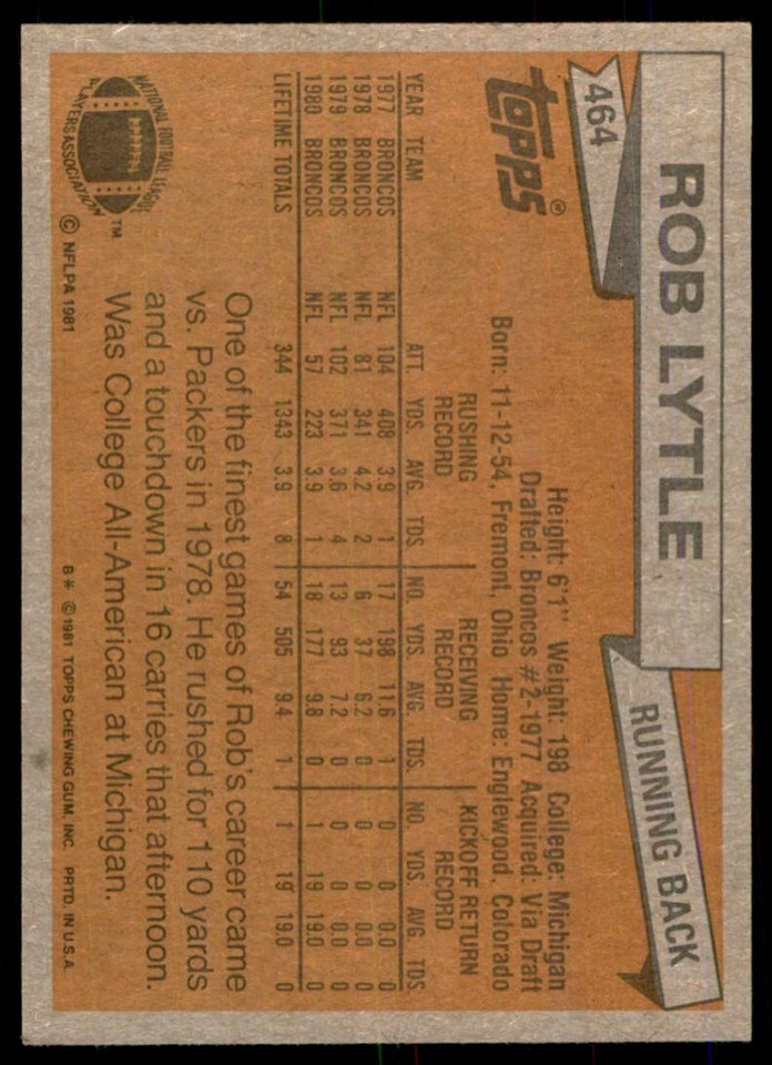1981 TOPPS ROB LYTLE DENVER BRONCOS #464 | eBay