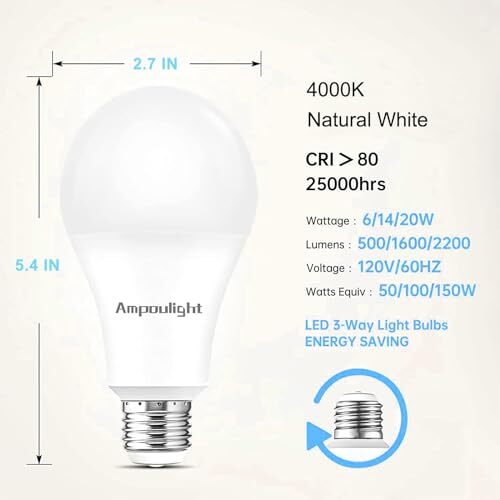 3 Way Led Light Bulb 50-100-150W Equivalent A21,3 Way Bulb 4000K ...