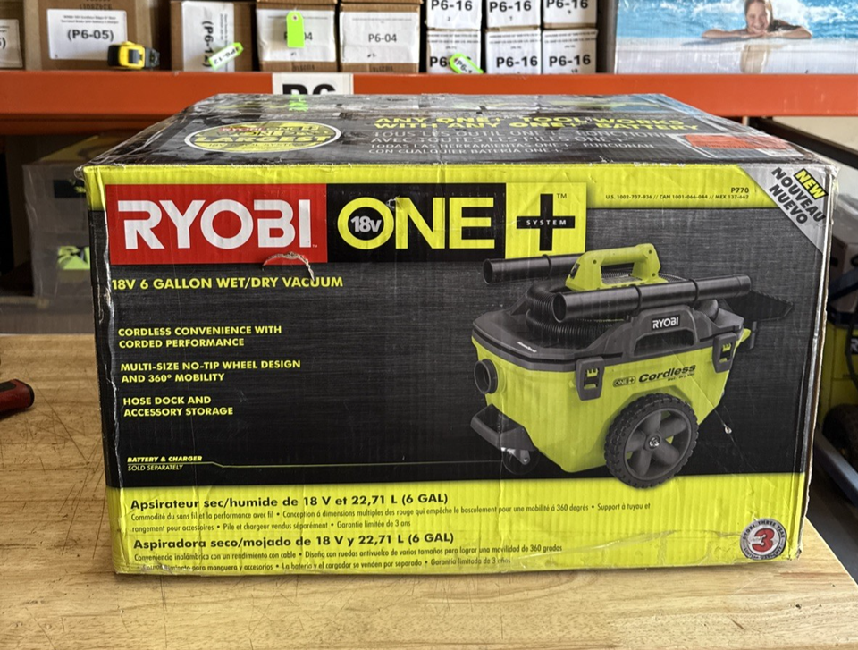 Ryobi P770 18V 6 Gal. Cordless Wet/Dry Vacuum w/Accessories Tool Only ...