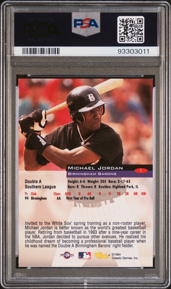 1994 CLASSIC #1 MICHAEL JORDAN BASEBALL ROOKIE CARD WHITE SOX MINORS ...