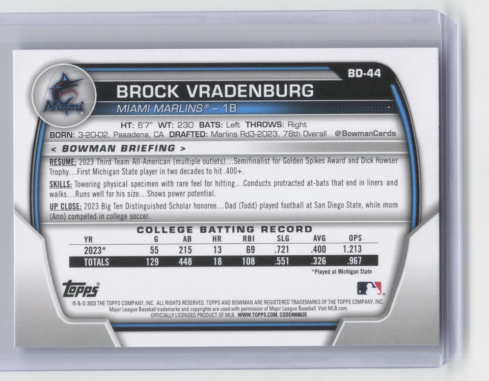 2023 Bowman Draft #BD-44 Brock Vradenburg Sky Blue #/499 | eBay