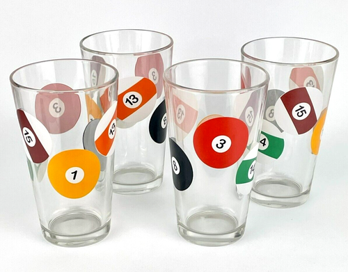 Set of 4 Luminarc Pool Parlor Billiard Balls Pint Beer Drinking Glasses ...
