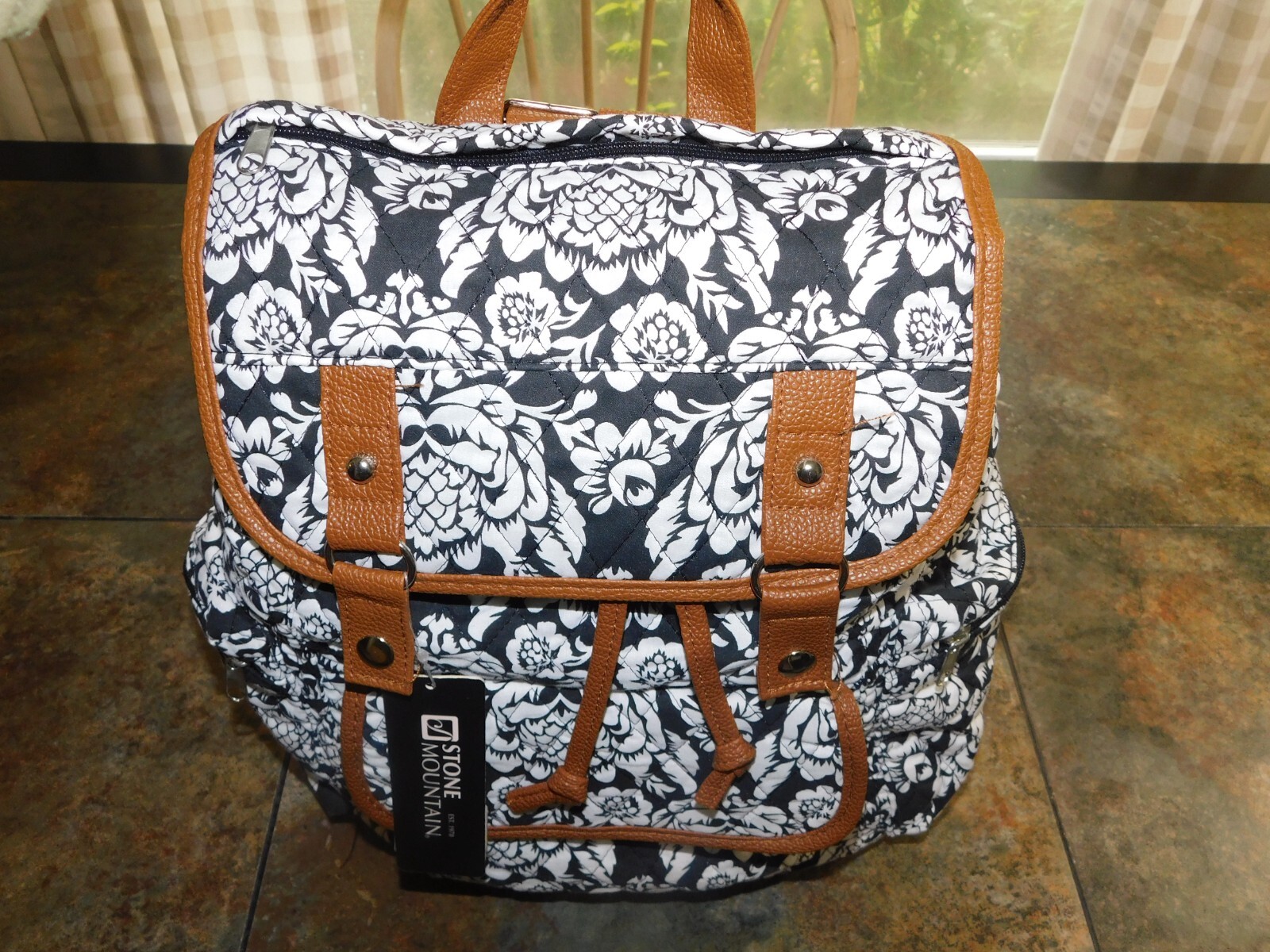 STONE MOUNTAIN BACKPACK IN WHITE FLORALS ON BLACK COTTON & CAMEL PVC ...