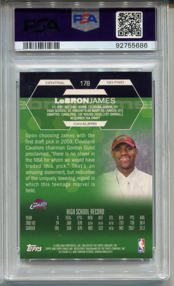 2002 Finest Basketball #178 Lebron James Rookie Card Graded PSA 9 MINT ...