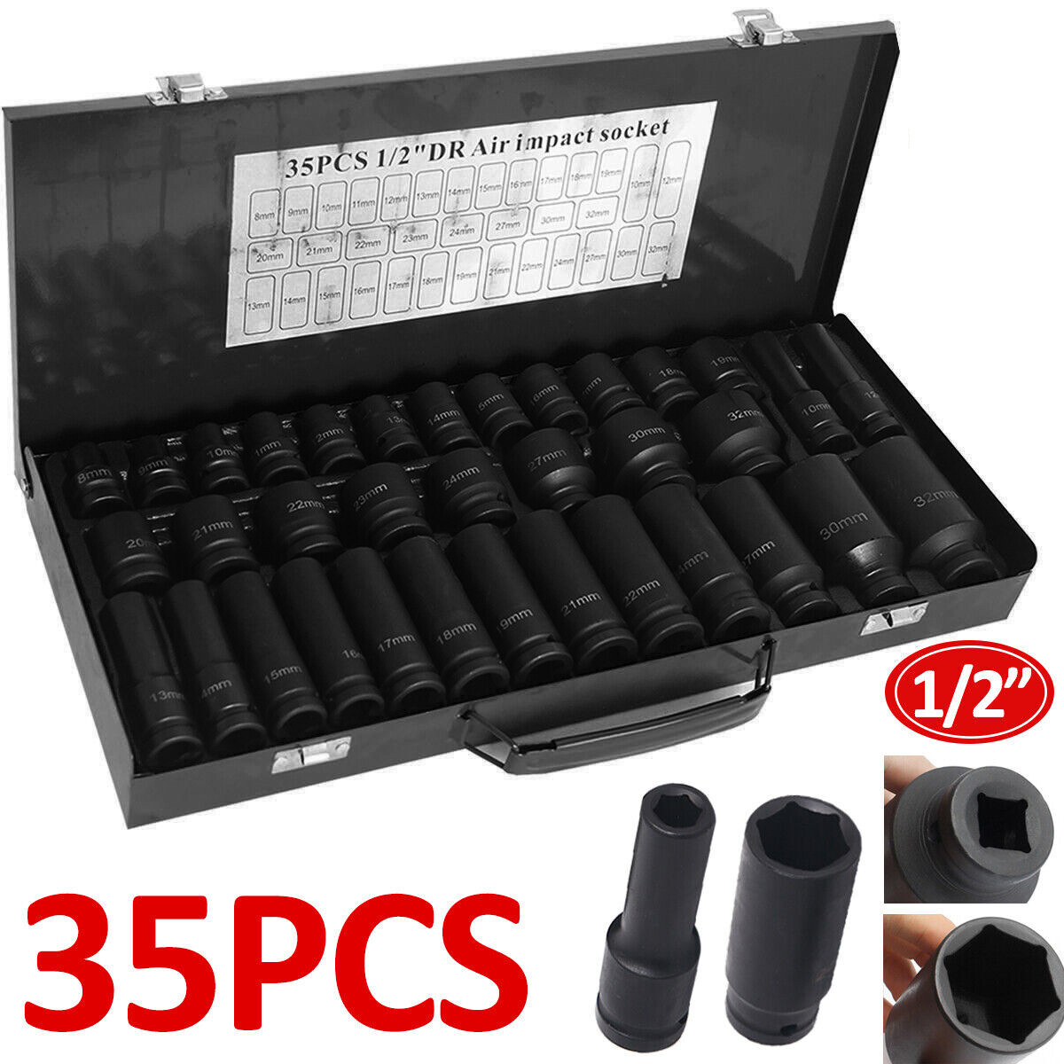 Heavy Duty 35 Piece 1/2" Metric Drive Deep Impact Socket Tool Set ...