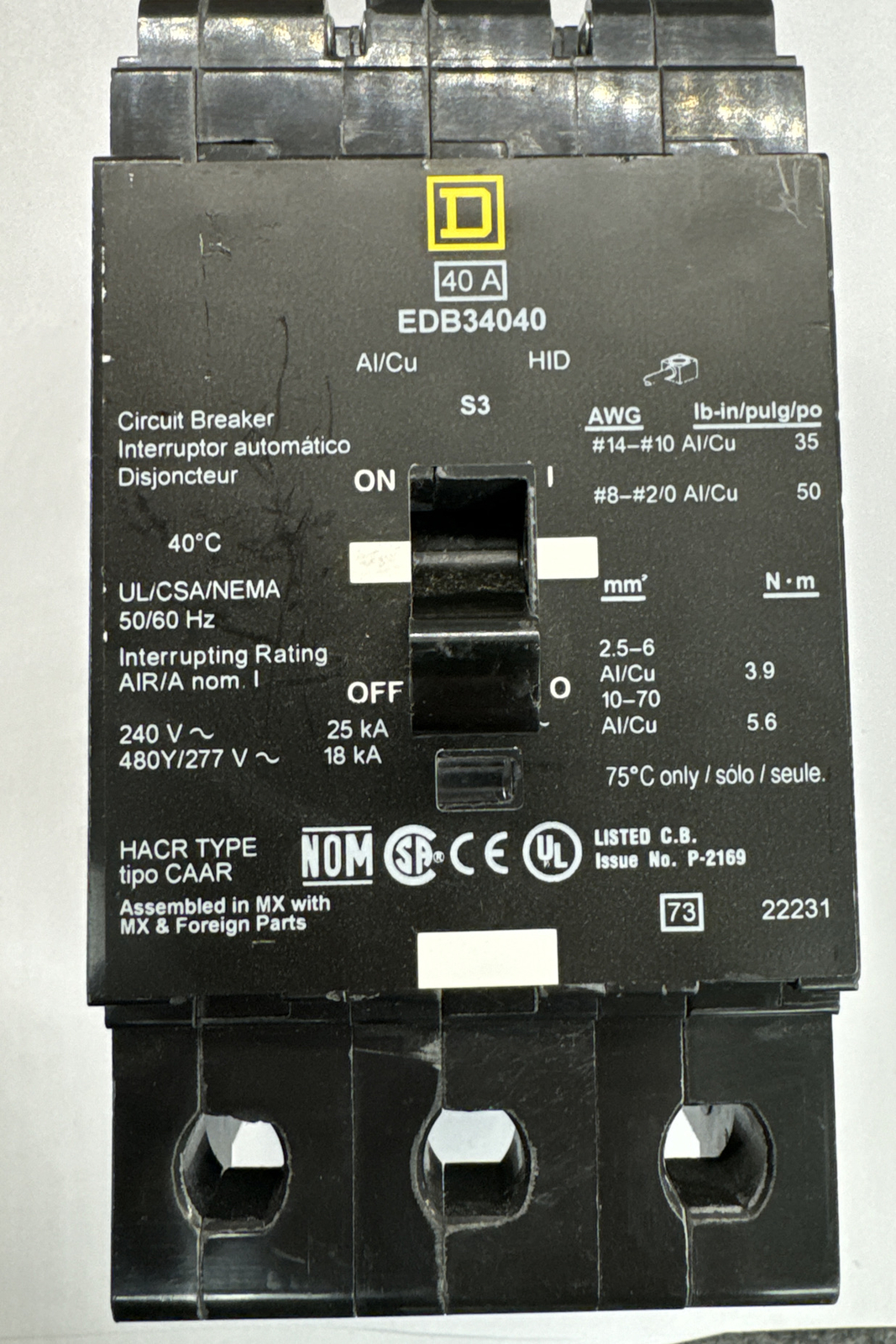 Square D EDB34040 40 Amp 480Y/277V 3 Pole Phase Bolt-On Circuit Breaker ...