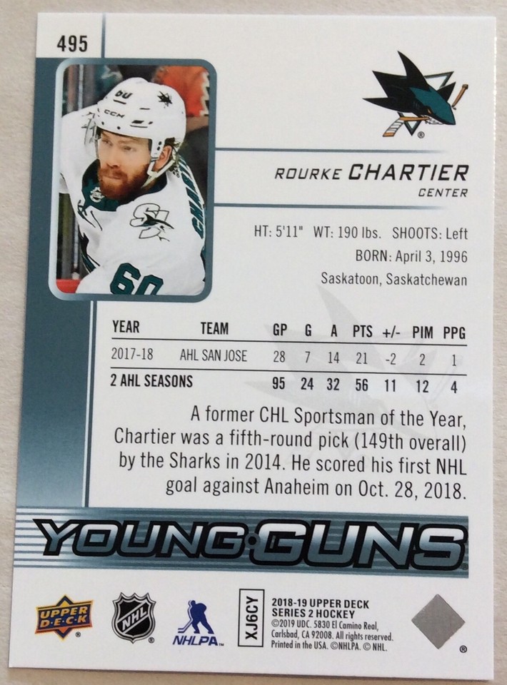 2018-19 ROURKE CHARTIER UD SERIES 2 UD YOUNG GUNS ROOKIE CARD #495 ...