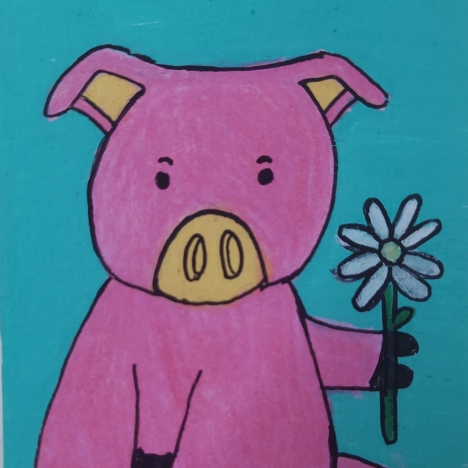ACEO Original Drawing of a pig with flower by Linda Earp 2.5"x3.5 ...