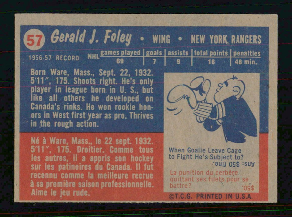 1957-58 TOPPS HOCKEY # 57 GERRY FOLEY RC 19431 | eBay