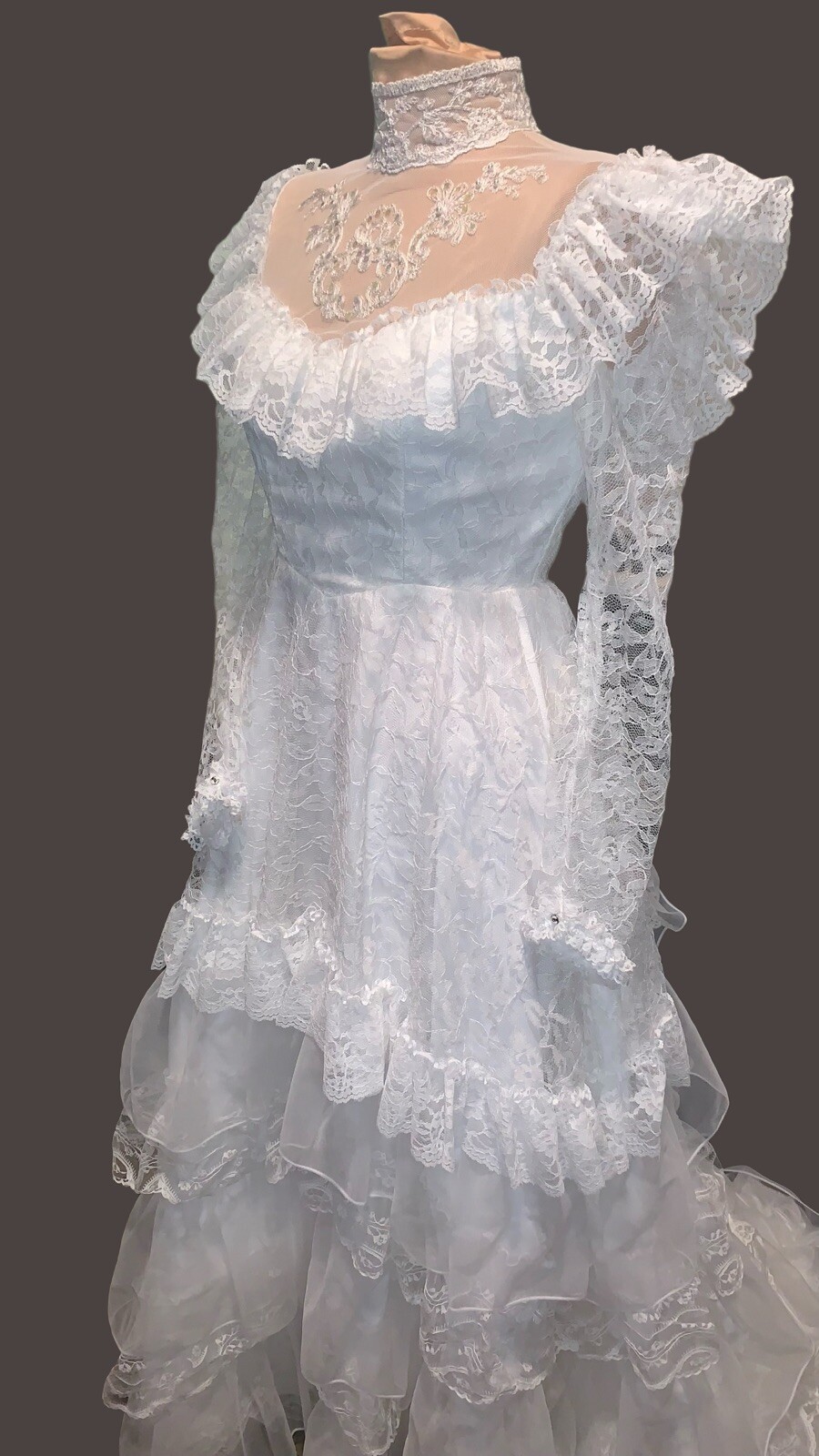 Vintage White Lace Wedding Gown Dress Romantic Boho Victorian Bell Sz 7 ...