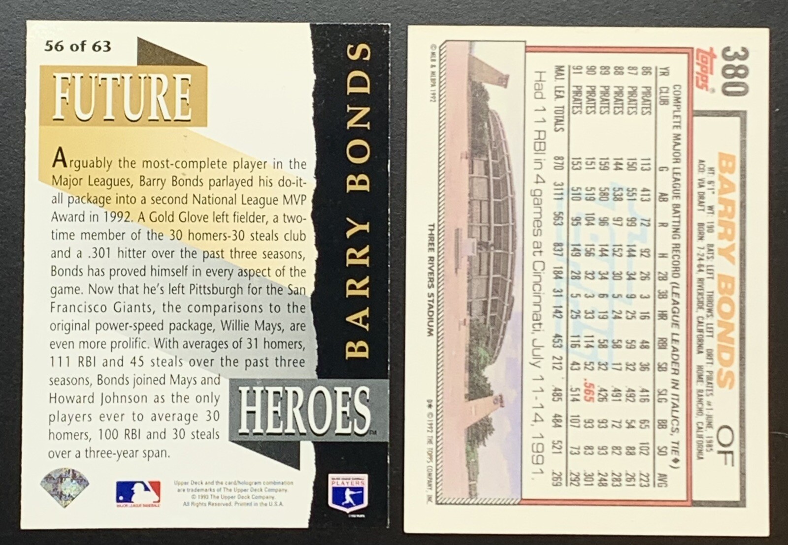 BARRY BONDS 1992 TOPPS #380 PIRATES 1993 FUTURE HEROES UPPER DECK #56 ...